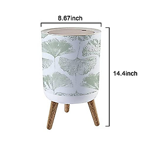 Small Trash Can with Lid Sage green ginkgo biloba leaves pale botanical seamless Floral Natural Waste Bin with Wood Legs Press Cover Wastebasket Round Garbage Bin for Kitchen Bathroom Bedroom Office