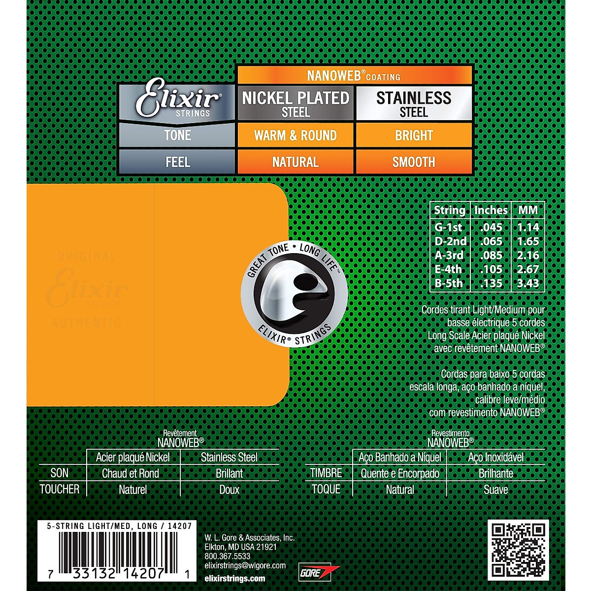 Elixir Strings Nickel Plated Steel 5-String Bass Strings w NANOWEB Coating, Long Scale, Light/Medium (.045-.135)