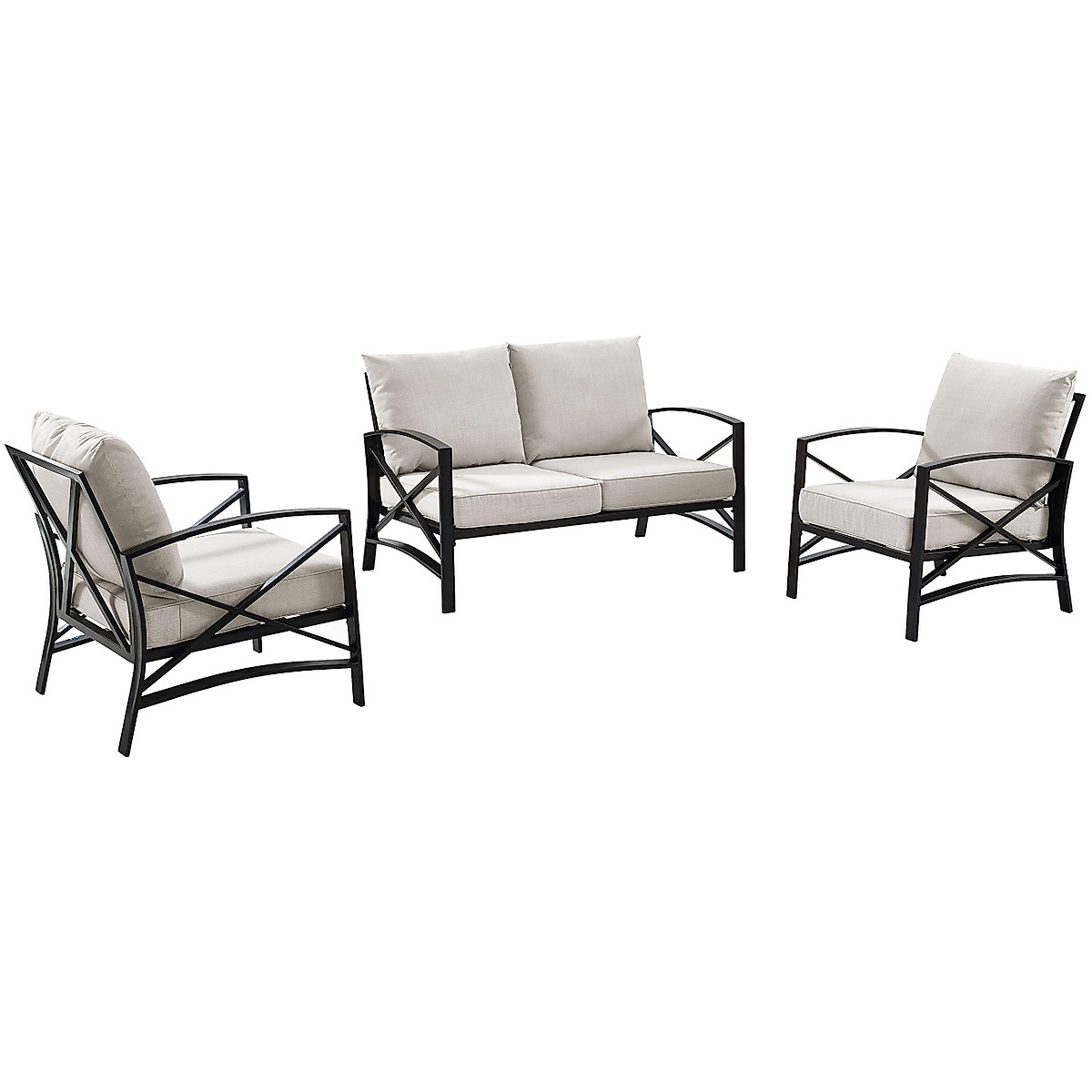 Crosley Furniture Kaplan 3-Piece Outdoor Loveseat Patio Furniture Set, Conversation Sets for Porch, Deck, Oiled Bronze with Oatmeal Cushions