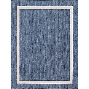 Beverly Rug Waikiki Indoor Outdoor Rug 8x10, Washable Outside Carpet for Patio, Deck, Porch, Bordered Modern Area Rug, Water Resistant, Blue - White