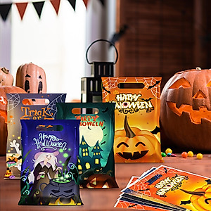 50 Pcs Halloween Goodie Bags with Handles - Happy Halloween Treat Bags, Trick or Treat Gift Bag Bulk, Plastic Halloween Tote Candy Goody Favor Bags for Kids Halloween Party Decorations Favors Supplies