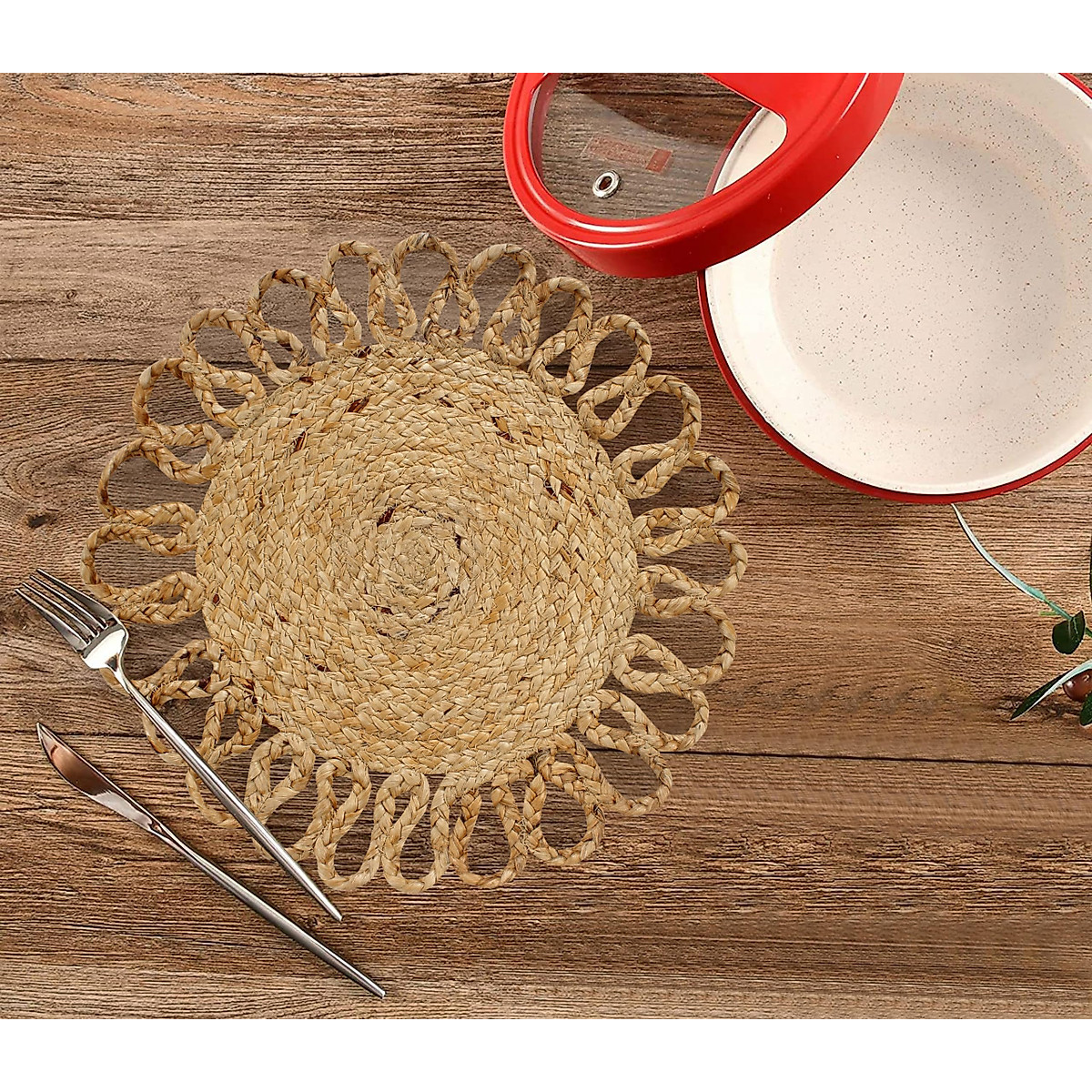 MORE Jute Hand Braided Placemats Set of 6 | 15 Inches Round Tablemats for Kitchen Dining Table Top Rug Mats & Dinner Table Plate Pads Mates | Rustic Natural Fiber Vintage Rugs Mat, Natural Beige