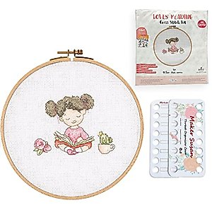 Maker Susan Loves Reading Pattern Counted Cross Stitch Kits for Adults and Beginners with Wooden Hoop, DMC Fabric, Threads and Needles, Embroidery Thread Floss Organizer Cards, Embroidery Kit (E2002)