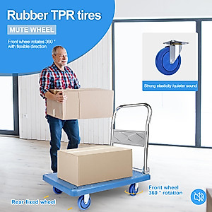 Folding Dolly Cart with Wheels Collapsible - 1500lbs Alloy Steel Portable Foldable Moving Push Utility Flat Hand Trucks, Heavy Duty Trolley Dolley with 360 Degree Swivel Wheels (Blue, PP-S)