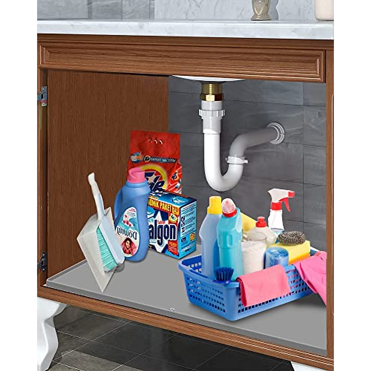 Under Sink Mat Waterproof 28"x22" Kitchen Cabinet Mat - Silicone Under Sink Liner Drip Tray with Drain Hole for The Kitchen, Bath, and Laundry Cabinets