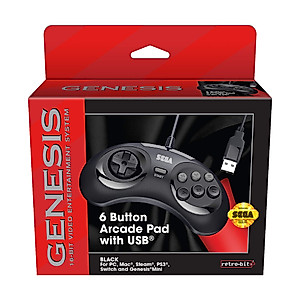 Retro-Bit Official Sega Genesis USB Controller 6-Button Arcade Pad for Sega Genesis Mini, PS3, PC, Mac, Steam, Switch - USB Port - (Black)