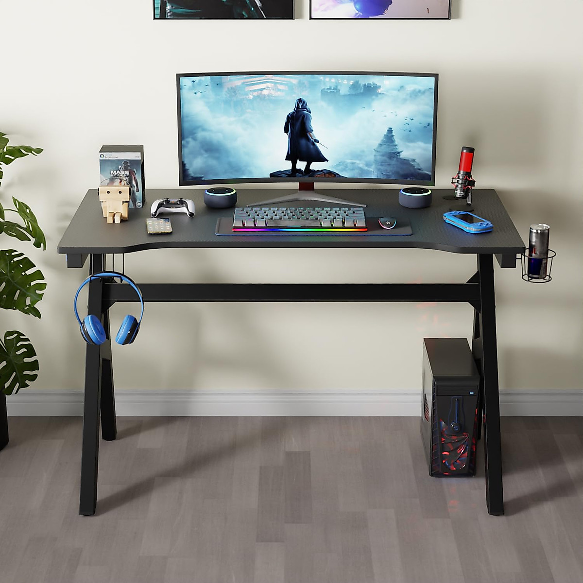 PayLessHere 47 Inch Gaming Desk PC Carbon Fiber Table Ultimate Gamer Workstation with Cup Holder & Headphone Hook for Home Office,Blue (Blue)