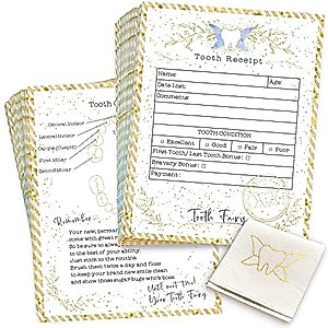 20 Moments of Tooth | 20 Tooth Fairy Receipt Cards and 1 Tooth Fairy Bag | Tooth Fairy Certificate Keepsake for Kids (Light Gold, 4.25x5.5 in)