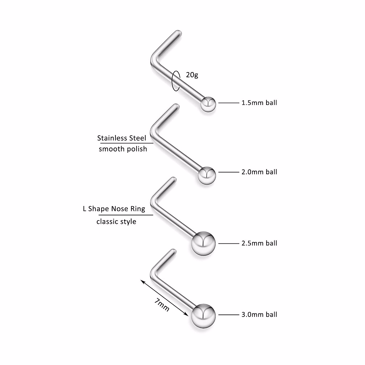 PiercingJ 40PCS 20G Stainless Steel Nose Stud Set Nose Rings L Shape 1.5mm 2mm 2.5mm 3mm Round Ball Bead Nose Retainer Body Piercing Jewelry for Women