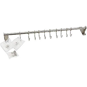 Petilleur Kitchen Sliding Hooks, Stainless Steel Hanging Rack Rail Organize Kitchen Tools with 10 Utensil Removable S Hooks for Towel, Spoon, Coats, Bathrobe, BBQ,Wall Mounted Hanger (60CM 10 Hooks)