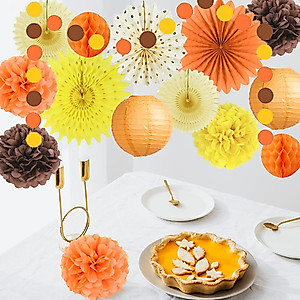 Fall Party Decorations Orange Yellow Brown Paper Fans Paper Pom Poms Paper Lanterns Circle Dot Garland for Orange Yellow Autumn Fall Birthday Bridal Shower Baby Shower Party Decor