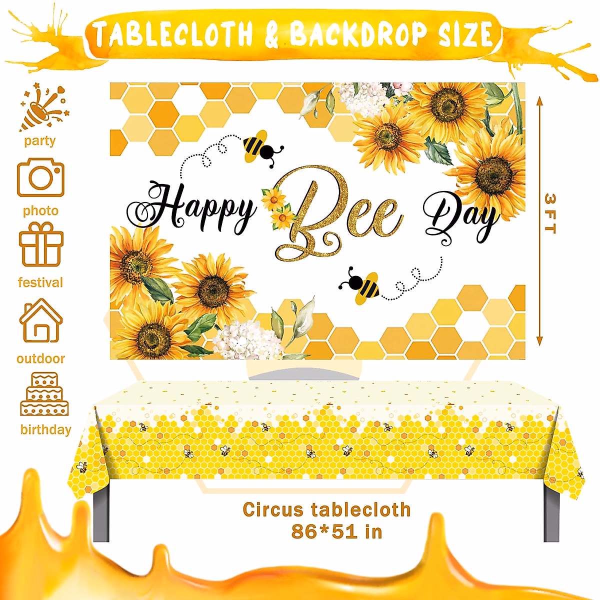 158 PCs Bee Party Decorations, Hombae Happy Bee Day Themed Birthday Party Decorations Backdrop Balloon Garland Banner Tablecloth Cake Cupcake Toppers Cutout Honey Bumble Bee Yellow Black