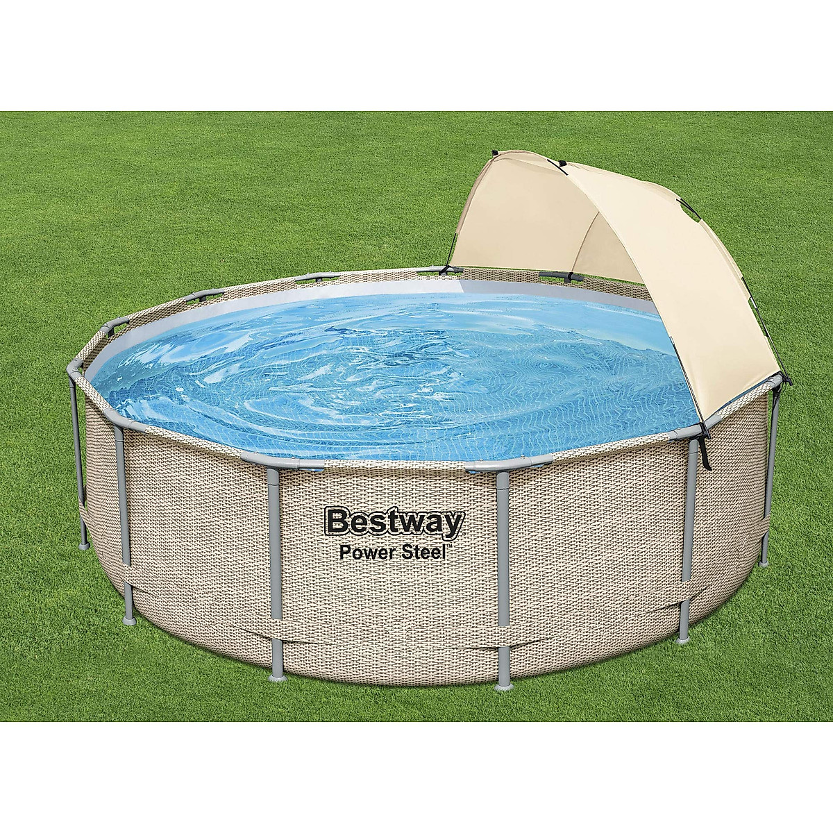 Bestway Power Steel 13' x 42" Round Above Ground Outdoor Swimming Pool Set with Shaded Canopy, 530 Gallon Filter Pump, Ladder, and Pool Cover