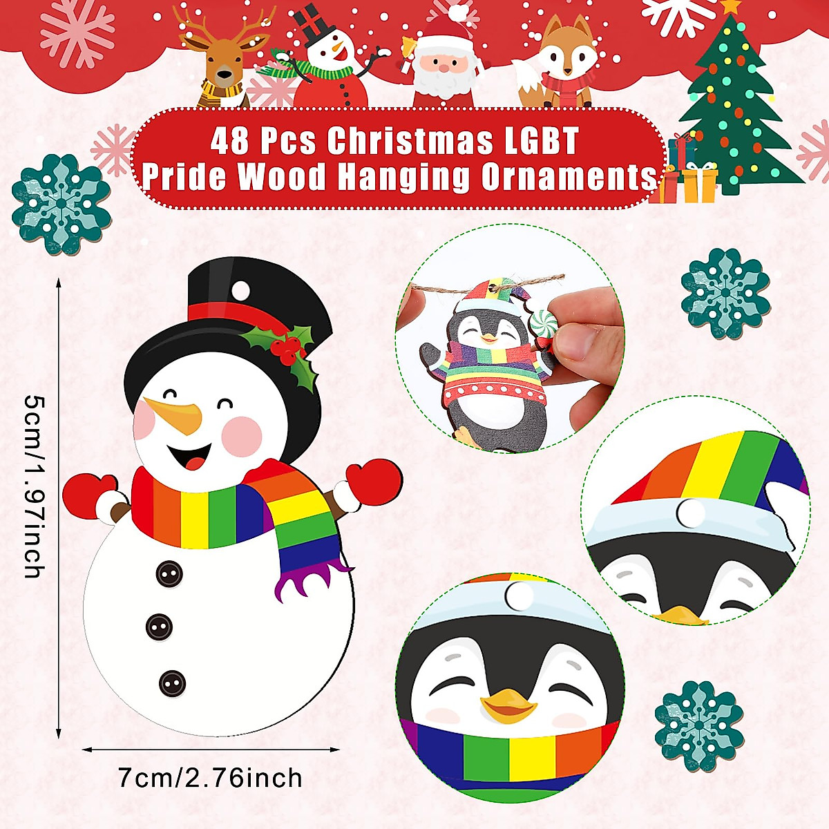 Soaoo 48 Pcs Christmas LGBT Pride Wood Hanging Ornaments Rainbow Pendant LGBTQ Ornaments Gay Pride Wooden Holiday Decorations Rainbow Slices Tags for Pride Party Christmas Tree Decor, 12 Styles