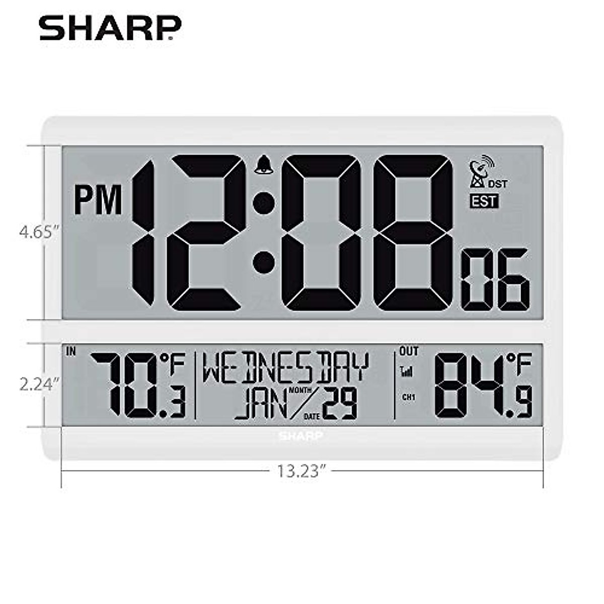 SHARP Atomic Clock - Never Needs Setting! –Easy to Read Numbers - Indoor/Outdoor Temperature, Wireless Outdoor Sensor - Battery Powered - Easy Set-Up!! (4" Numbers)