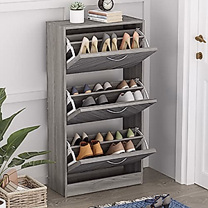 Homsee Modern Shoe Storage Cabinet with 3 Flip Drawers & Twill Louver Doors, Wood 3-Tier Shoe Rack Storage Organizer for Entryway, Hallway & Bedroom, Grey (22.4”L x 9.4”W x 42.3”H)