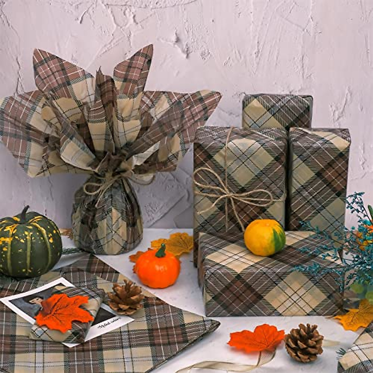 Buffalo Plaid Wrapping Tissue - 60 Sheets, 20 x 20inch, Brown, Fall, Thanksgiving, Rustic Art Paper, DIY Gift Bags, Party Favor, Autumn Decorations