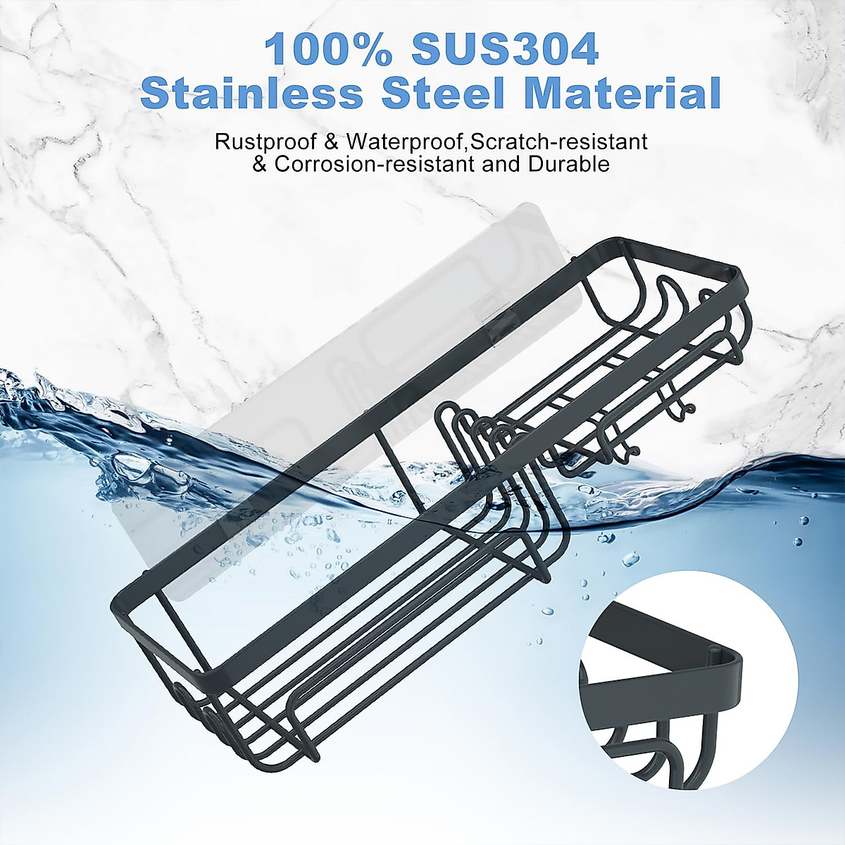 Quapkatt Adhesive Shower Caddy, SUS304 Stainless Steel Shower Organizer 2 Pack - Bathroom Organizers and Storage With 4 Hook, Large Capacity Shelf Basket Accessories for Bathroom & Kitchen (Black)