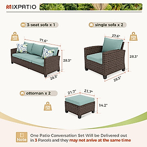 MIXPATIO Patio Furniture Set, 5 Pcs Wicker Outdoor Conversation Set, 2 x Single Chairs, 1 x 3 Seater Sofa and 2 x Ottoman with 4" Thick Cushion for Garden Backyard Deck, Blue
