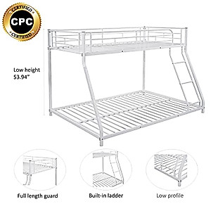UBGO Twin Over Full Metal, Lower Extended Design with Ladder and Safety Railing Bunk Bed for Apartment Dormitory Bedroom Furniture Set-White