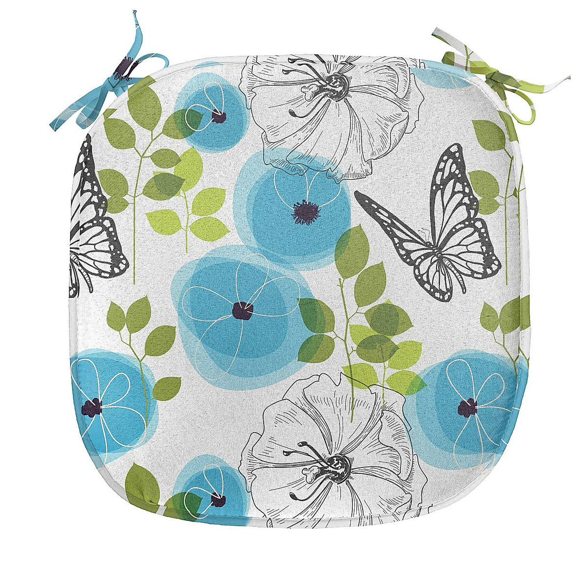 Lunarable Pale Blue Chair Seating Cushion Set of 6, Blue Poppies Butterfly Branches Leaves Botany Garden Nature Concept, Anti-Slip Seat Padding for Kitchen & Patio, 16"x16", Pale Blue Green White