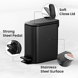 Cesun Small Bathroom Trash Can with Lid Soft Close, Step Pedal, 6 Liter / 1.6 Gallon Stainless Steel Garbage Can with Removable Inner Bucket, Anti-Fingerprint Finish (Matt Black)