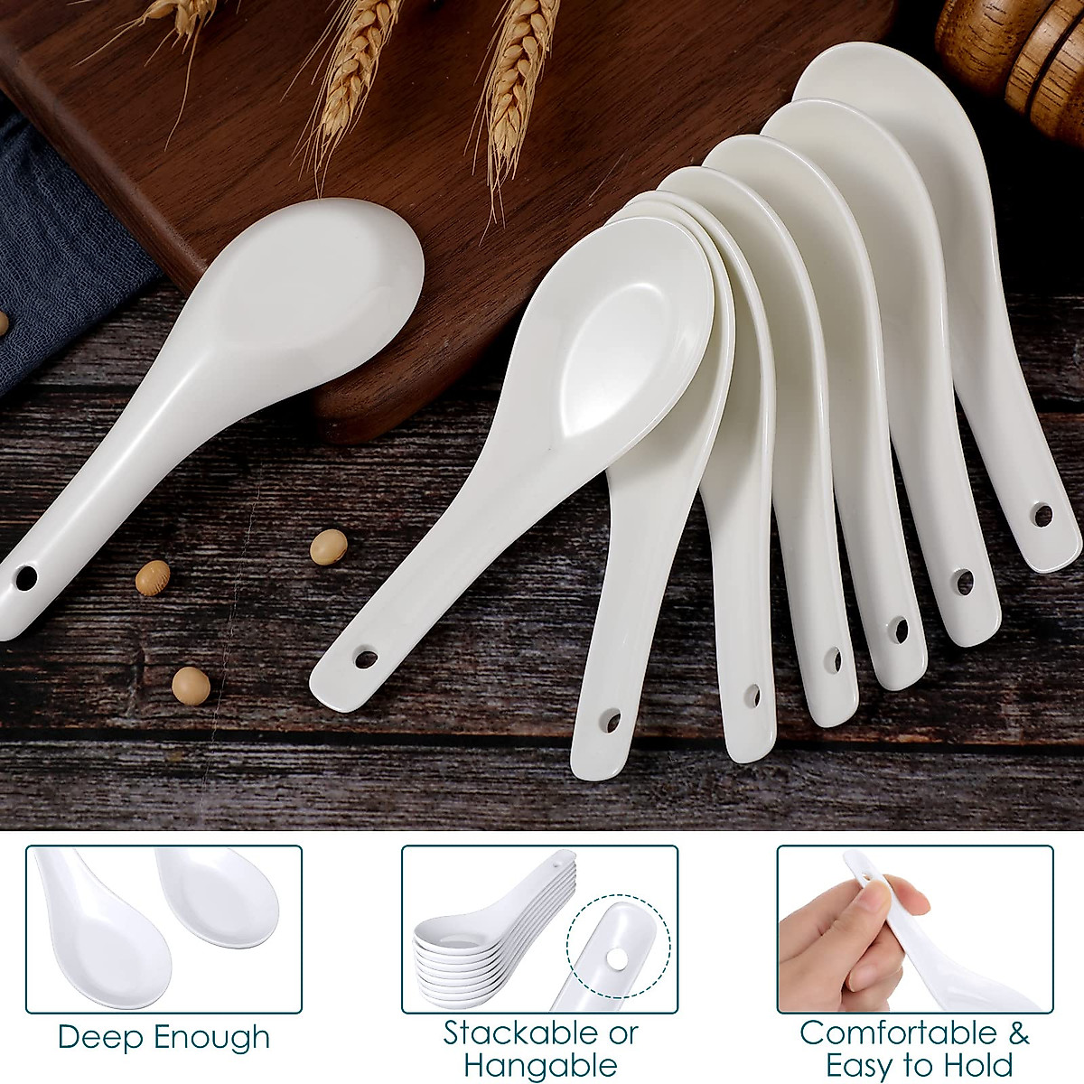 50 Pieces Ceramic Soup Spoons Bulk Chinese Spoon Sets Ceramic Asian Spoons Ceramic Chinese Spoons Porcelain Ramen Spoons with Long Hooked Handles for Cereal Pho Wonton Miso Appetizer