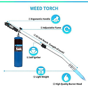 Weed Torch Propane Burner,Blow Torch ,50,000BTU,Gas Vapor, Self Igniting , with Flame Control Valve and Ergonomic Anti-slip Handle