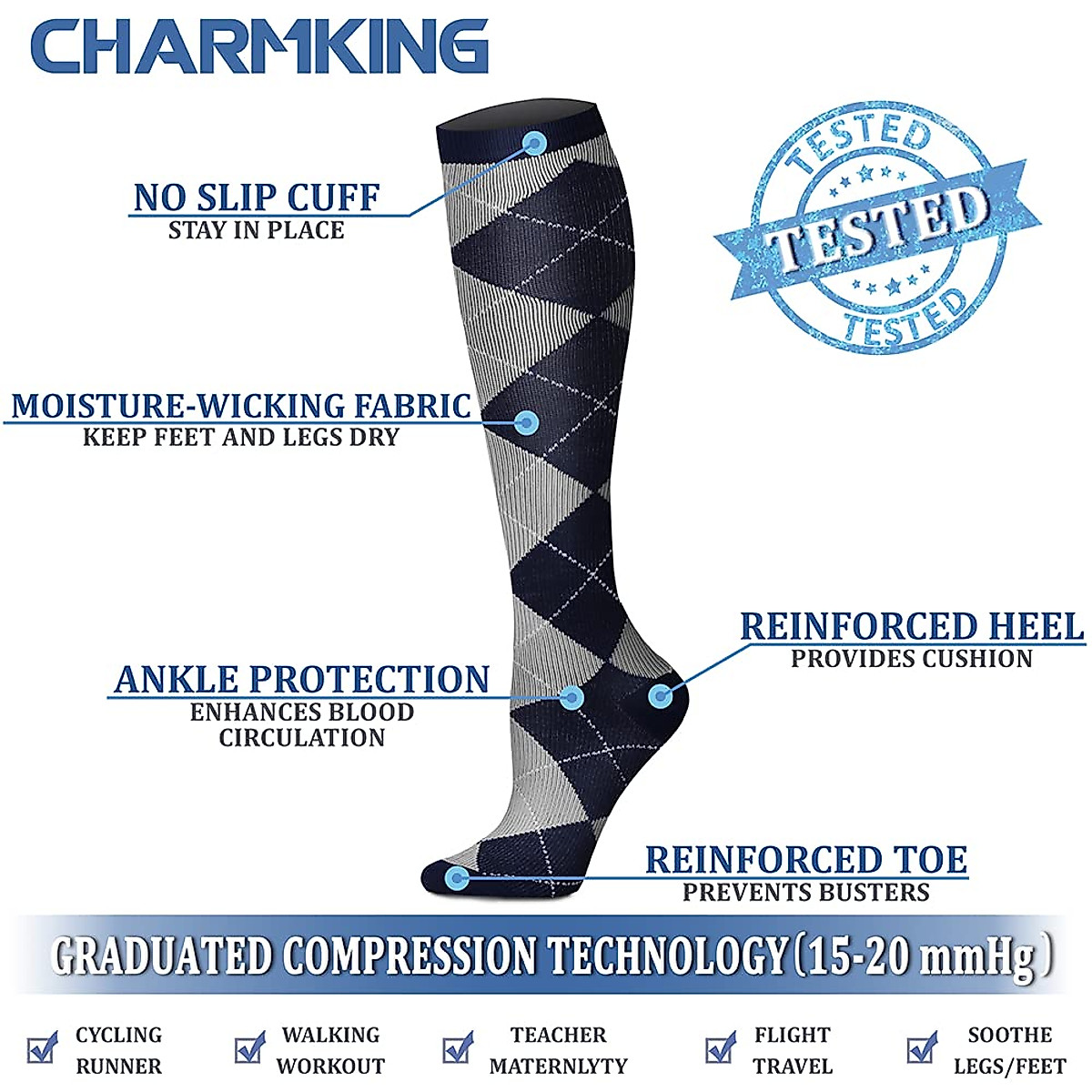 CHARMKING Compression Socks for Women & Men (8 Pairs) 15-20 mmHg Graduated Copper Support Socks are Best for Pregnant, Nurses - Boost Performance, Circulation, Knee High & Wide Calf (L/XL, Multi 18)