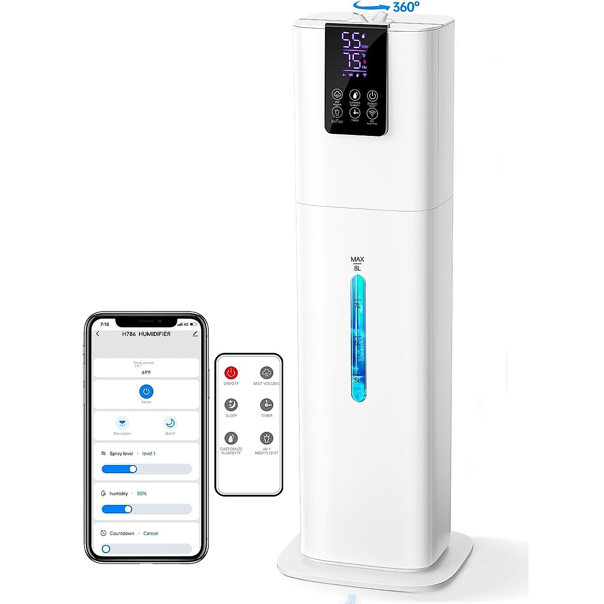 Smart Humidifiers for Bedroom Large Room,(8L) 2.1Gal Cool Mist Top Fill Diffuser Ambient Light, WIFI App & Remote Control, 3 Mist Modes, 12H Timer, 35dB Quiet Humidifier for Home Office Plant