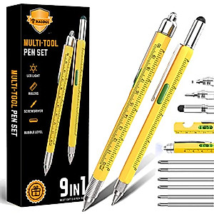 Multi-tool Pen 2 Pack 2022 Upgrade [Stylus, Ballpoint Pen,with 6 Replacement refills, 4" Ruler, Level, Phillips Screwdriver,LED] Christmas Gifts for for Men Dad Fathers Day, Cool Gadgets Gifts