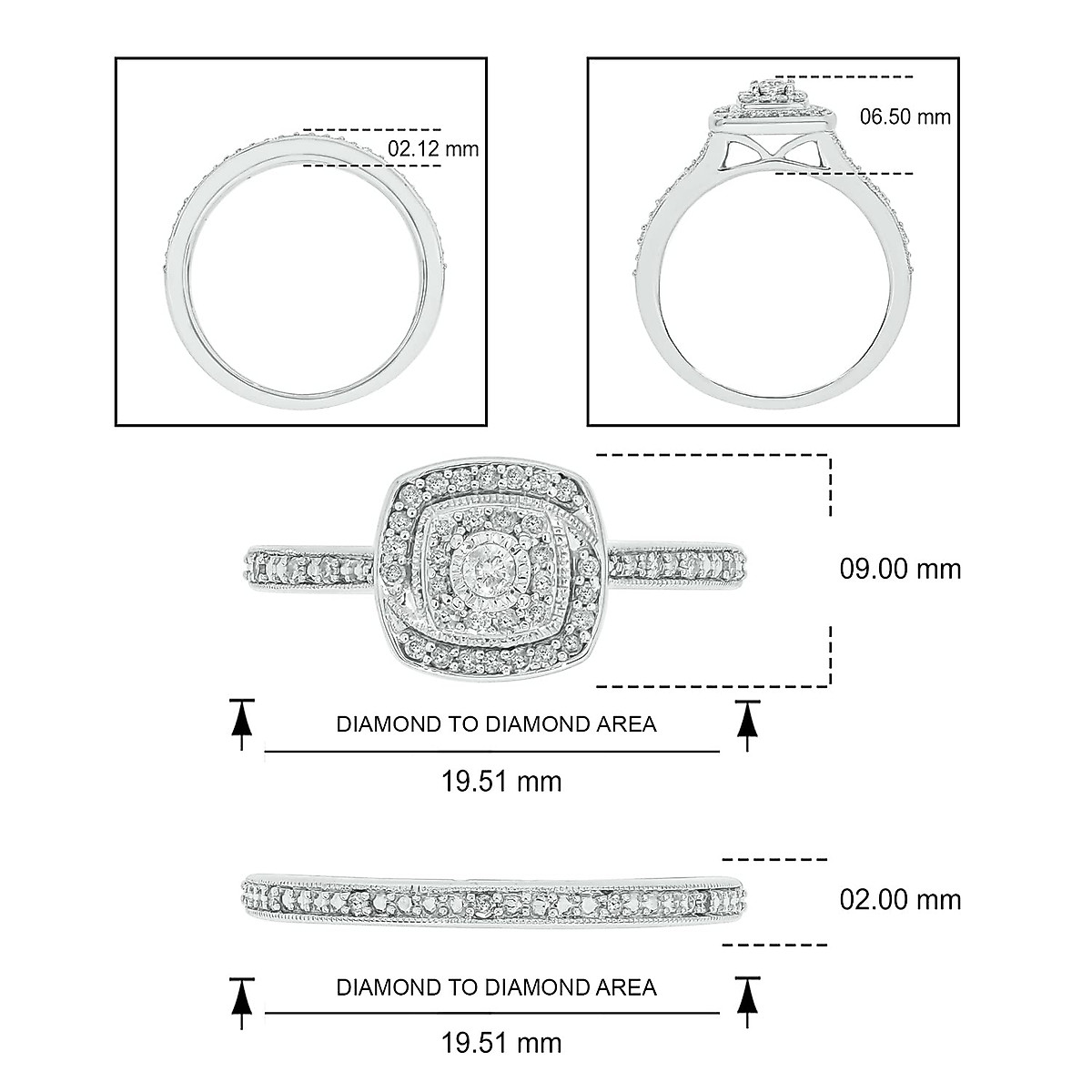 Cali Trove, 1/4cttw Diamond Double Halo Square Engagement Ring with Matching Diamond Wedding Band for Women in 925 Sterling Silver, Women's Silver Square Wedding Ring Set with Diamond Accented Bands,