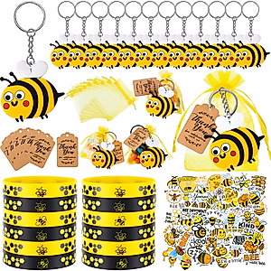 Sureio 98 Pcs Bee Party Favors Include Bee Keychains Rubber Bracelets Thank You Tags Stickers Organza Bags for Kids Birthday Party Gifts Baby Shower Souvenirs World Bee Day Supplies