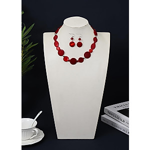 Jules D. Simple Beaded Choker Necklace Handmade Shell Multi Colorful Brown Green Beads Statement Necklace Bracelet Earring Set Costume Jewelry for Women Gifts (Red)