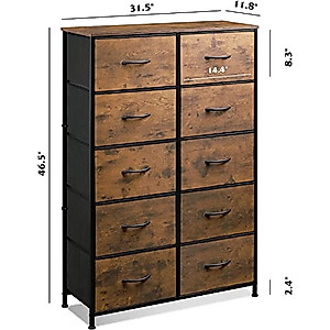 WLIVE Tall Dresser for Bedroom with 10 Drawers, Chest of Drawers, Fabric Dresser for Nursery, Closets, Storage Organizer Unit with Fabric Bins, Steel Frame, Wood Top, Rustic Brown Wood Grain Print