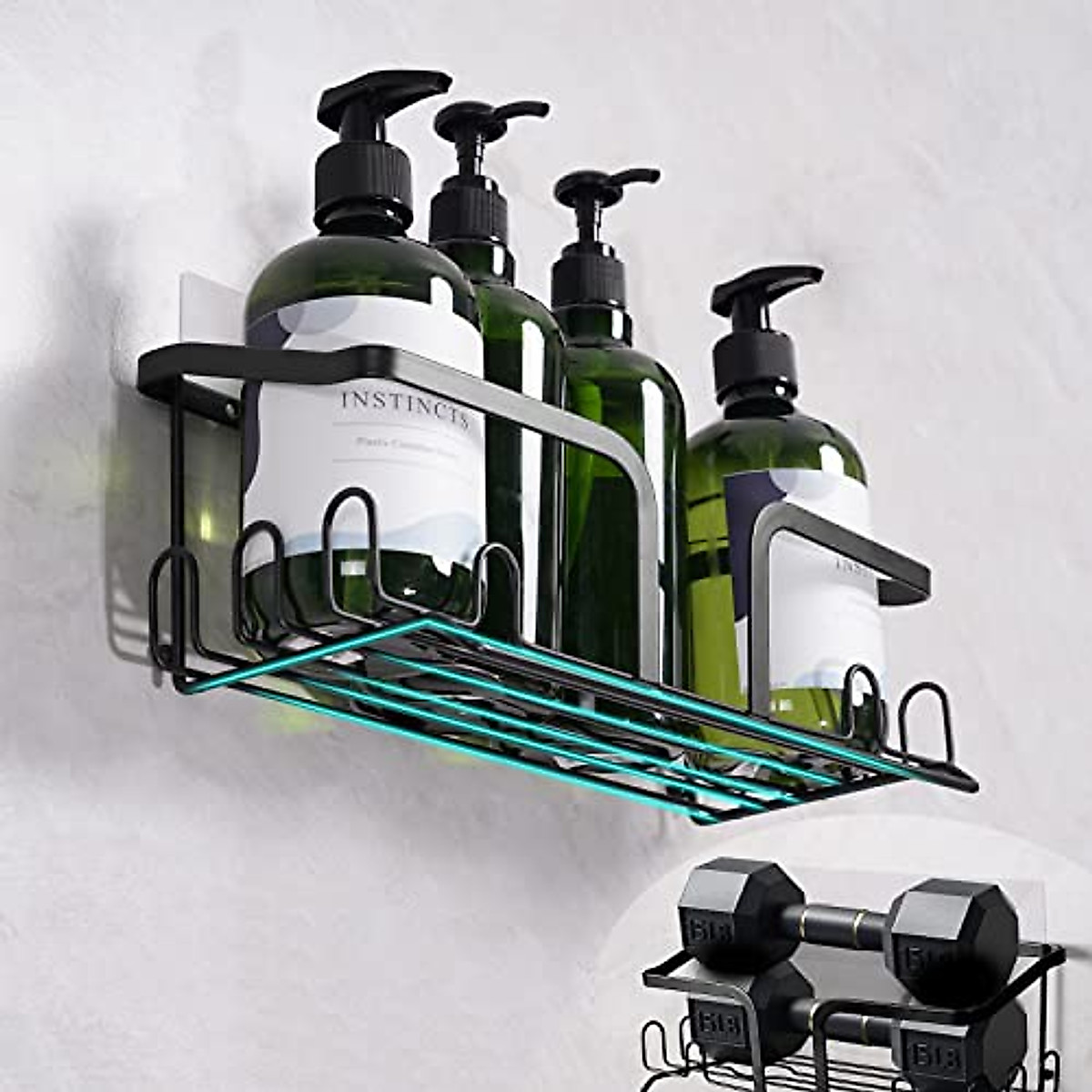 Bathroom Shower Shelf Organizer Rack 2-Pack, Strong Adhesive Shower Caddy with Soap Holder and 11 Hooks, No Drilling Wall Mounted Rustproof Stainless Steel Shower Shelf for Inside Shower, Black