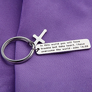 MAOFAED Religious Jewelry But Take Heart I Have Overcome the World Bible Verse Keychain Inspirational Biblical Quote Gift (KR-overcome the world)