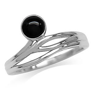 Silvershake 5mm Created Round Shape Black Onyx 925 Sterling Silver Minimalist Modern Wavy Ring Size 9
