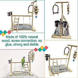 Hamiledyi Bird Playground Parrots Play Stand Natural Wooden Parrot Perch Gym Playpen Pet Parakeet Ladders with Feeder Cups for Cockatoo Conure Cockatiel Cage Accessories Exercise Toy (Include a Tray)