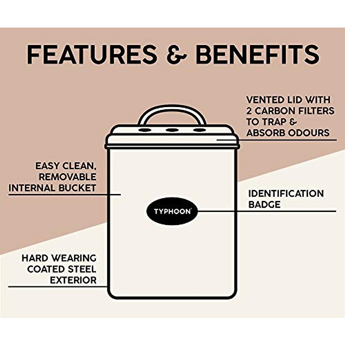 Typhoon Compost Caddy with Carbon Filters, Steel, 2.5 Litre, Cream, 84.5 Female oz/2.6 Quart