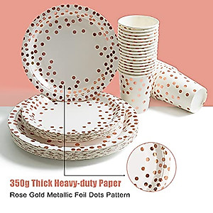 175 Pieces Rose Gold Party Supplies - Rose Gold Dot on White Paper Plates and Napkins Cups Silverware Serves 25 Sets for Wedding Bridal Shower Engagement Birthday Parties