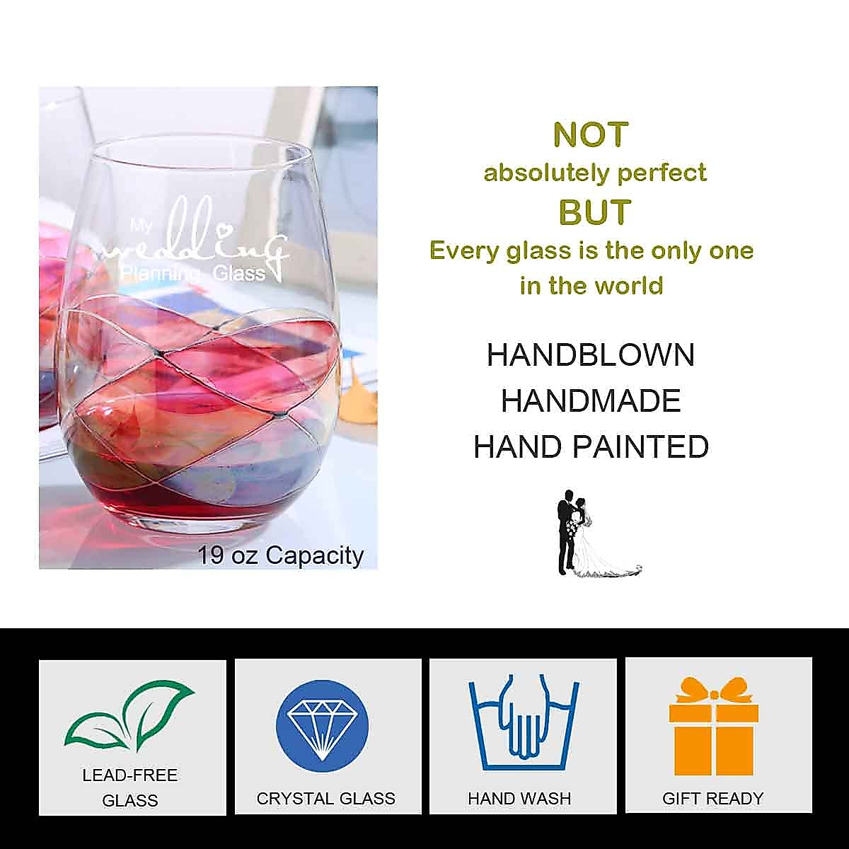 La Diffy Wedding Gifts Engagement Gift for Couple Women-Bride to be Gifts for her-Fiance Wedding Planning Stemless Wine Glass Gifts for Bride and Groom-Hand Painted Laser Engraved 19 OZ