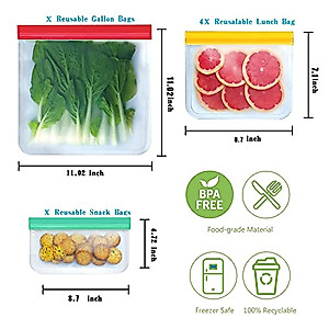 Reusable Freeze Bags Silicone-12 Pack Stasher Reusable Silicone Bags for Food Storage Resealable Lunch Bag for Meat Fruit Veggies Reusable Sandwich Bags BPA FREE Flat Freezer Bags