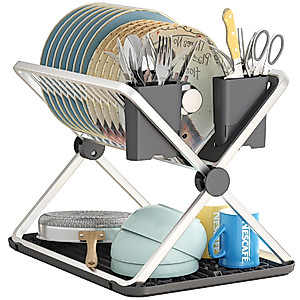 Dish Drying Rack, Rustproof Aluminum Collapsible 2-Tier Dish Drainer Rack with Drainboard and 2 Utensil Holders for Kitchen Counter, Silver Grey