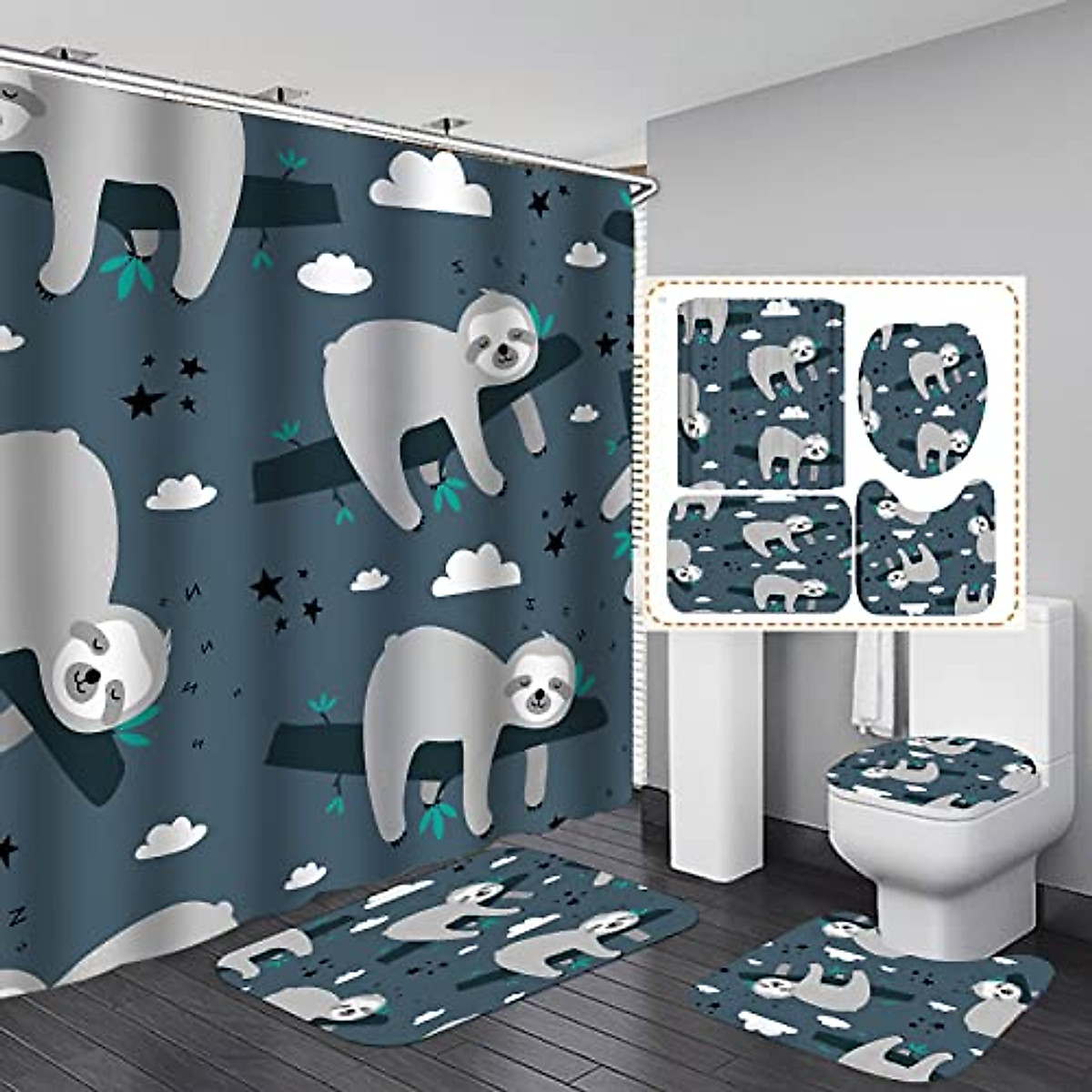 CERYUEE Sloth Shower Curtains Set Cute Animal Bathroom Set 4 Piece Kawaii Sloths Bathroom Decor with Rugs,Toilet Lid Cover,Bath Mat,72x72inch