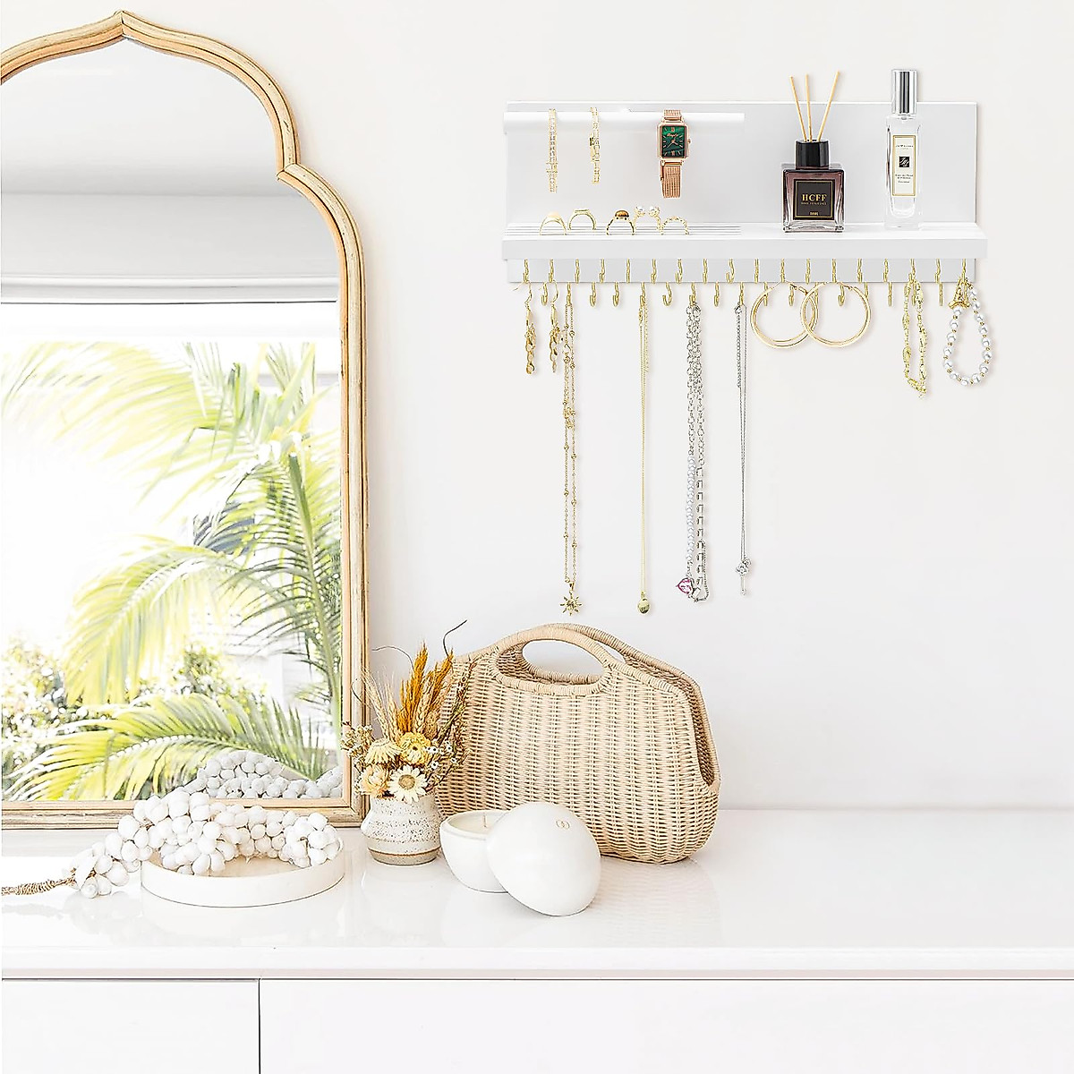 HappyHapi Hanging Jewelry Organizer Necklace Organizer Jewelry Hanger with 36 Hooks,Wall Mounted Jewelry Organizer for Necklace Earrings and Rings (White)