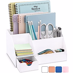 Office Desk Organizer, White Acrylic, with Drawer, 9 Compartments, All in One Office Supplies and Cool Desk Accessories Organizer, Pen Holder, Enhance Your Office Decor Desktop Organizer (White)