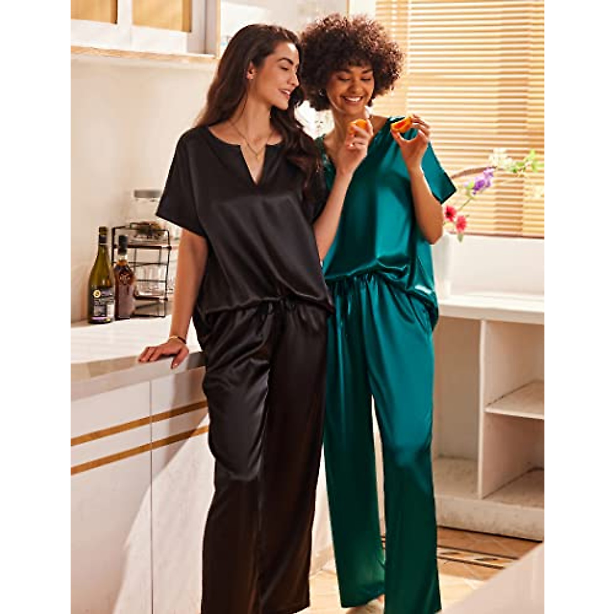 Ekouaer Silk Pj set for Women Satin Short Sleeve Pajamas Long Pant Soft Sleepwear Silky Pocktes Loungewear Black