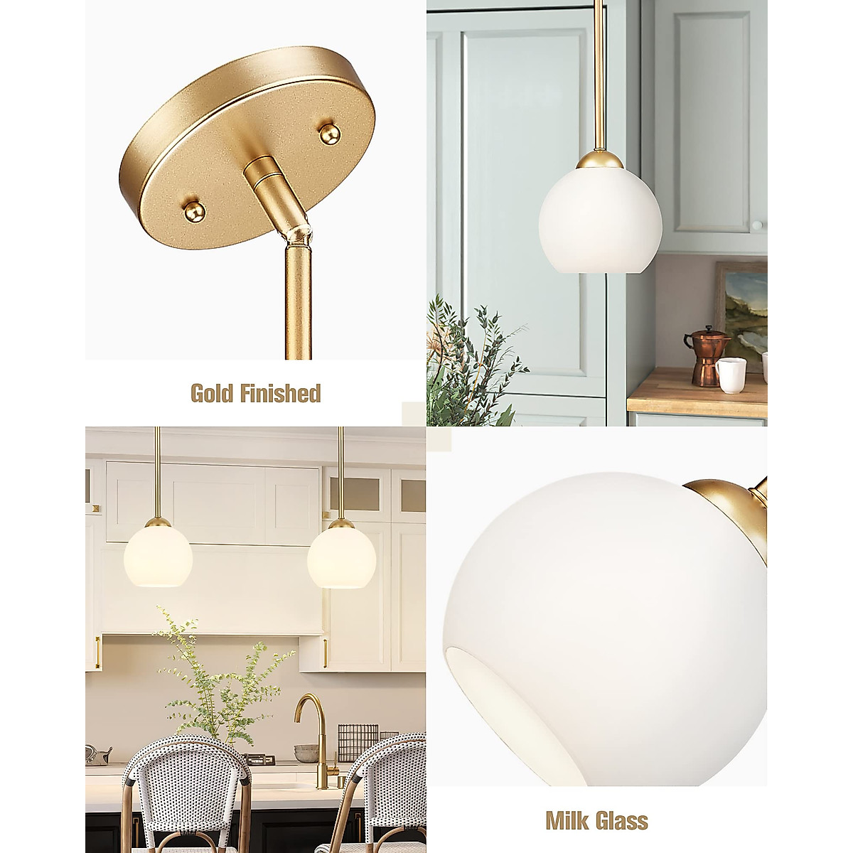 Emak 7 Inch Globe Pendant Lights, Modern Gold Pendant Light Fixtures, 1 Light Hanging Lights with Milk Glass Shade for Kitchen Island, Bathroom, Dining Room, Bedroom, PL119-GD-ML