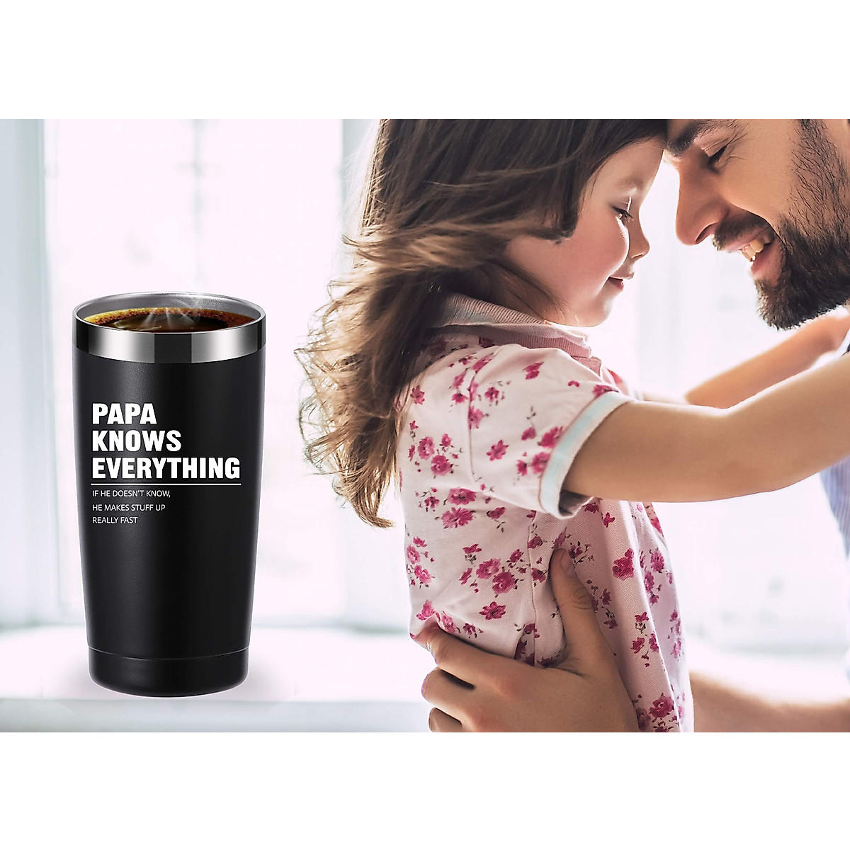 momocici Papa Knows Everything 20 OZ Tumbler.Dad Gifts from Daughter,Son,Wife.Birthday Gifts,Christmas Gifts for New Dad,Father,Husband,Men Travel Mug(Black)